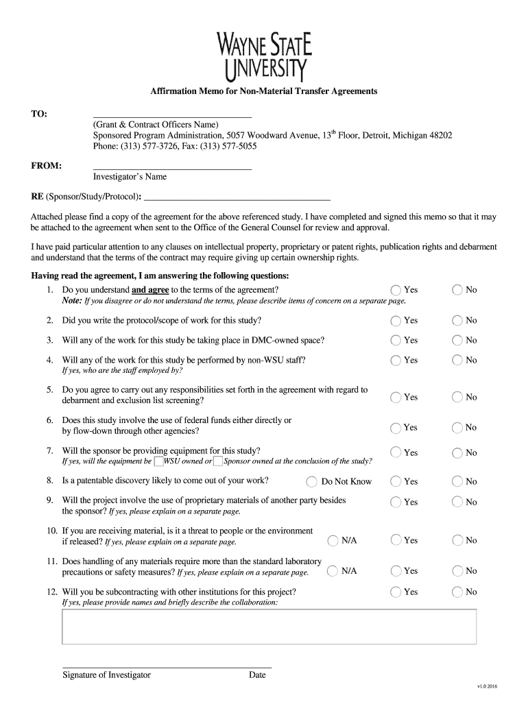 Fillable Online Affirmation Memo for Non-Material Transfer Agreements Fax Email Print - pdfFiller