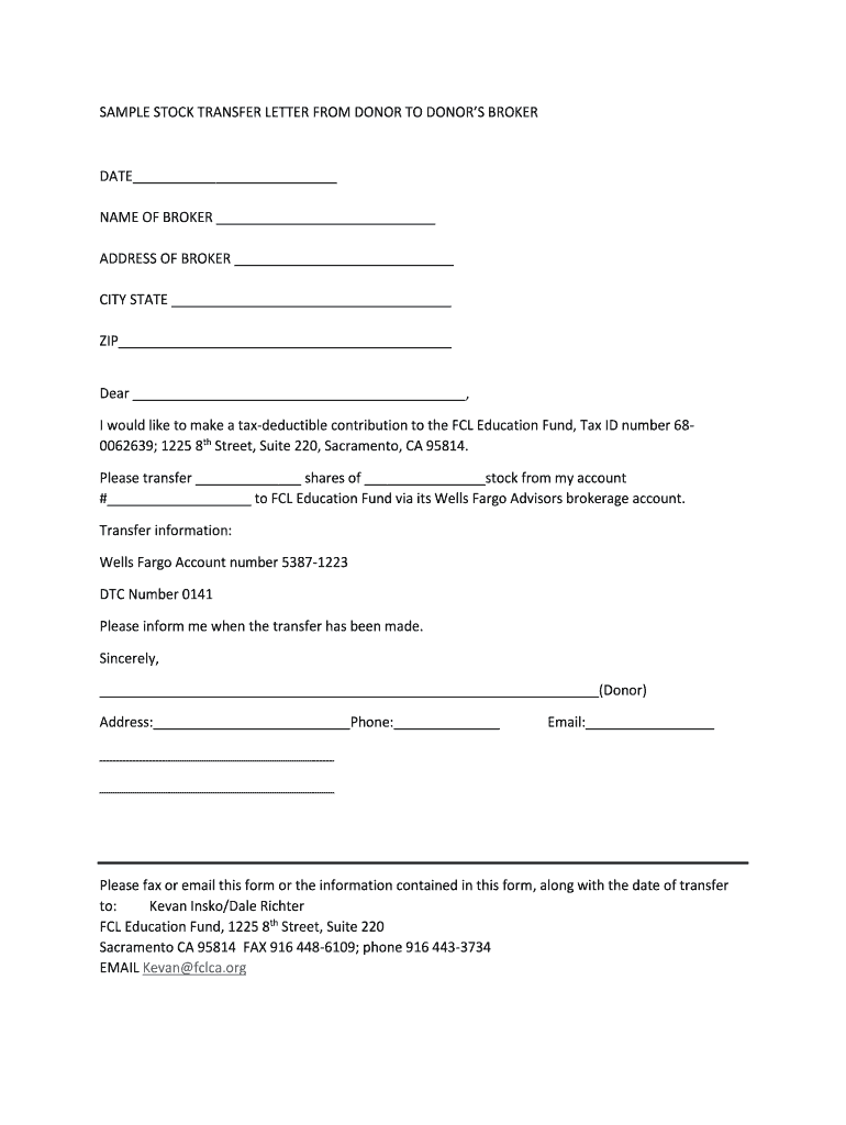 Fillable Online fclca SAMPLE STOCK TRANSFER LETTER FROM DONOR TO DONOR ...