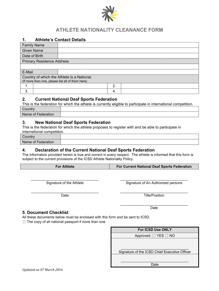 Fillable Online Athlete Nationality Form - Deaflympics Fax Email Print - pdfFiller