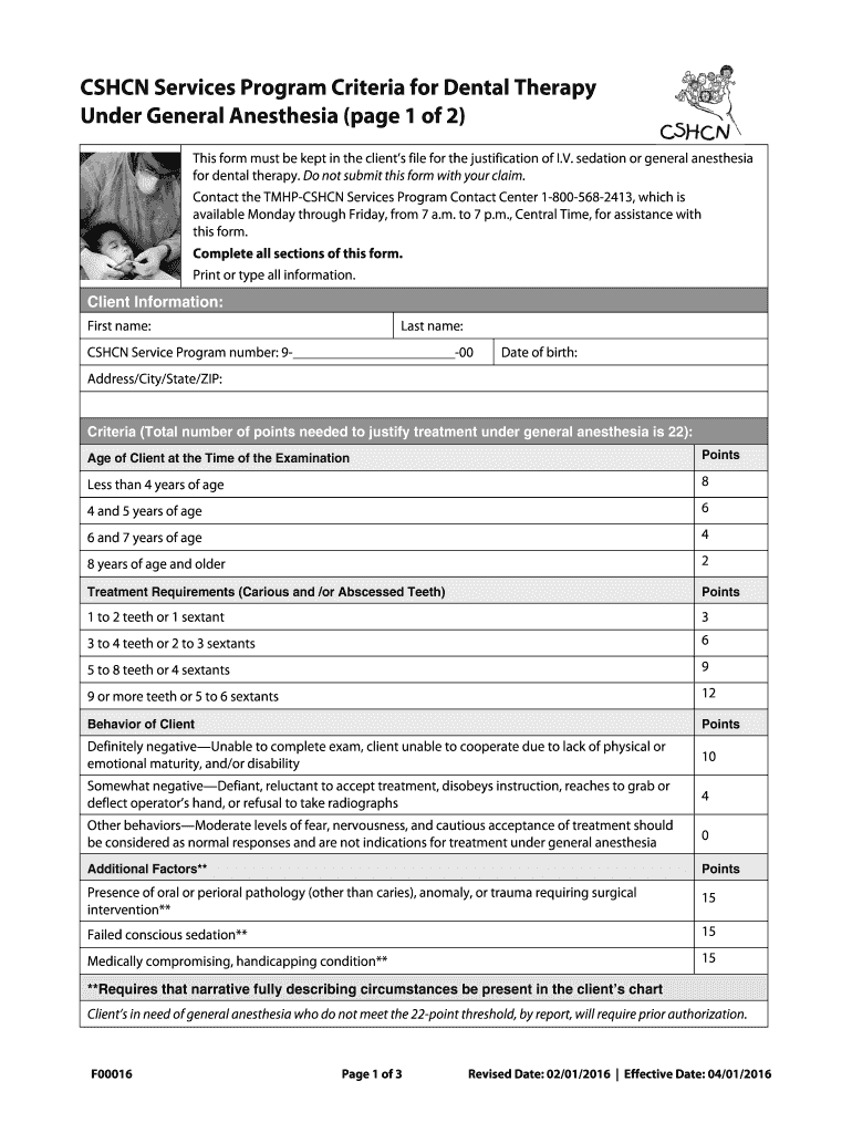 Fillable Online CSHCN Services Program Criteria for Dental Therapy ...