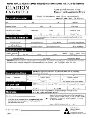 Fillable Online clarion Health Assessment Form - Clarion University Fax ...