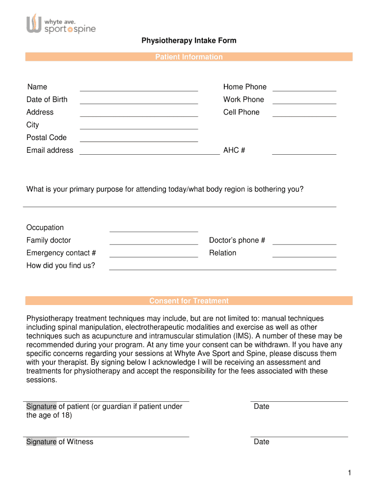 Fillable Online Patient Intake Form - Physiotherapy at Whyte Ave Sport and Spine Fax Email Print ...