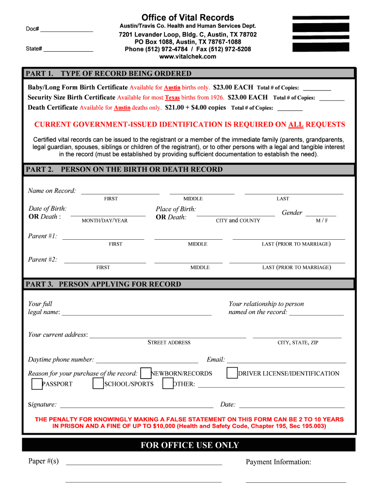 Fillable Online austintexas Office of Vital Records - - - - - - - FOR ...