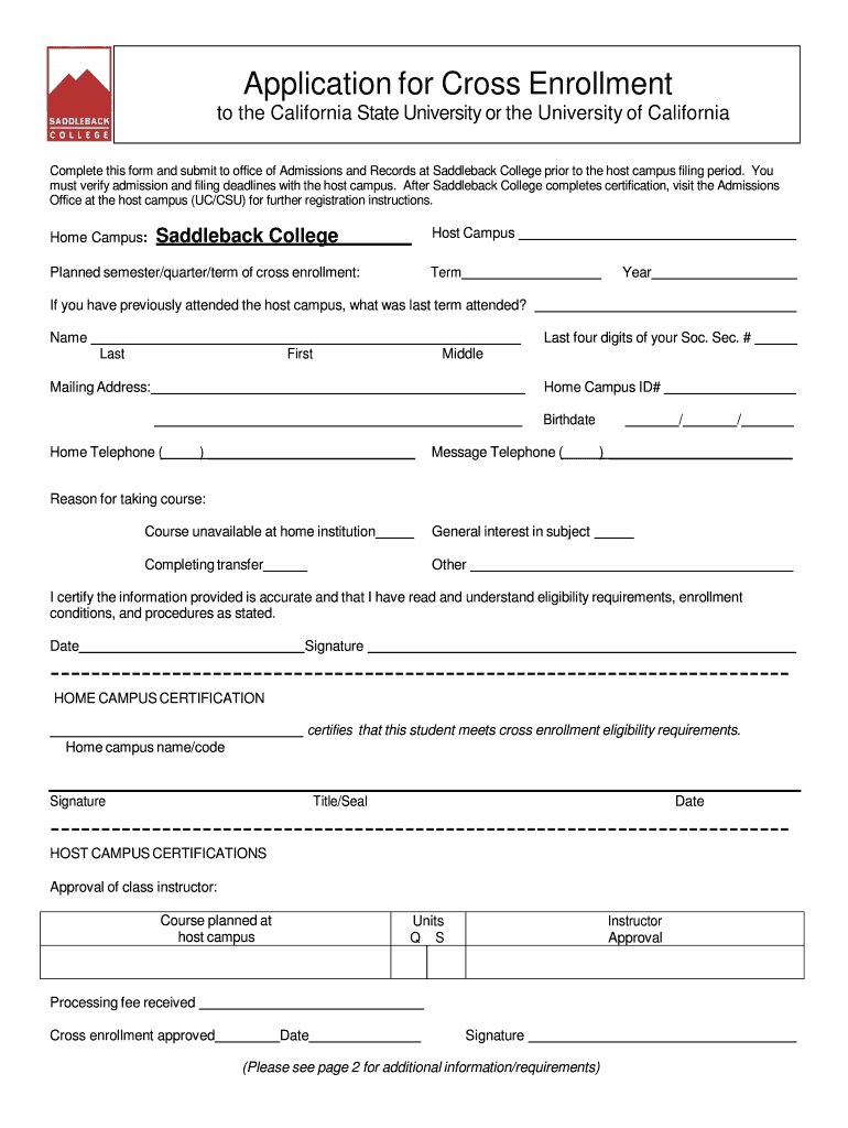 Fillable Online Application for Cross Enrollment - Saddleback College ...