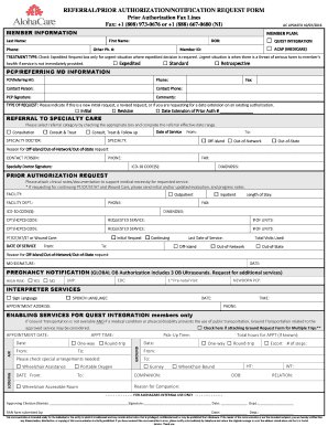 Fillable Online alohacare REFERRAL/PRIOR AUTHORIZATION/NOTIFICATION ...