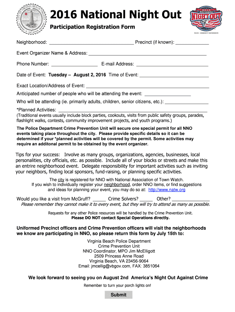 Fillable Online National Night Out - City of Virginia Beach Fax Email ...