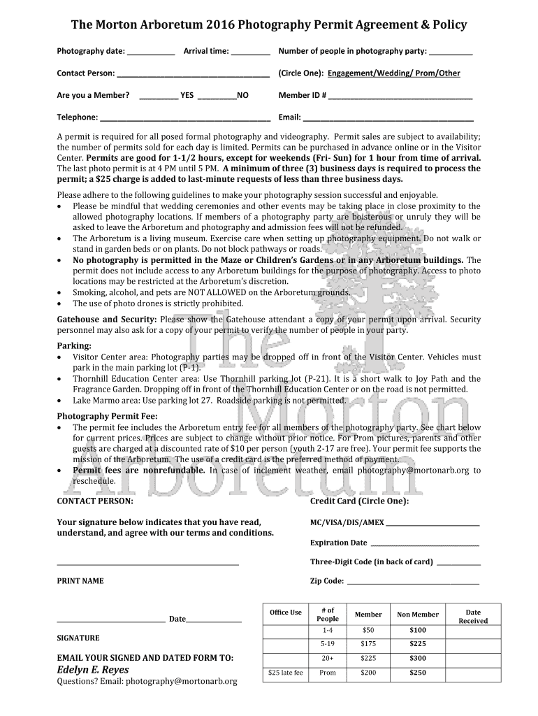 Fillable Online The Morton Arboretum 2016 Photography Permit Agreement ...