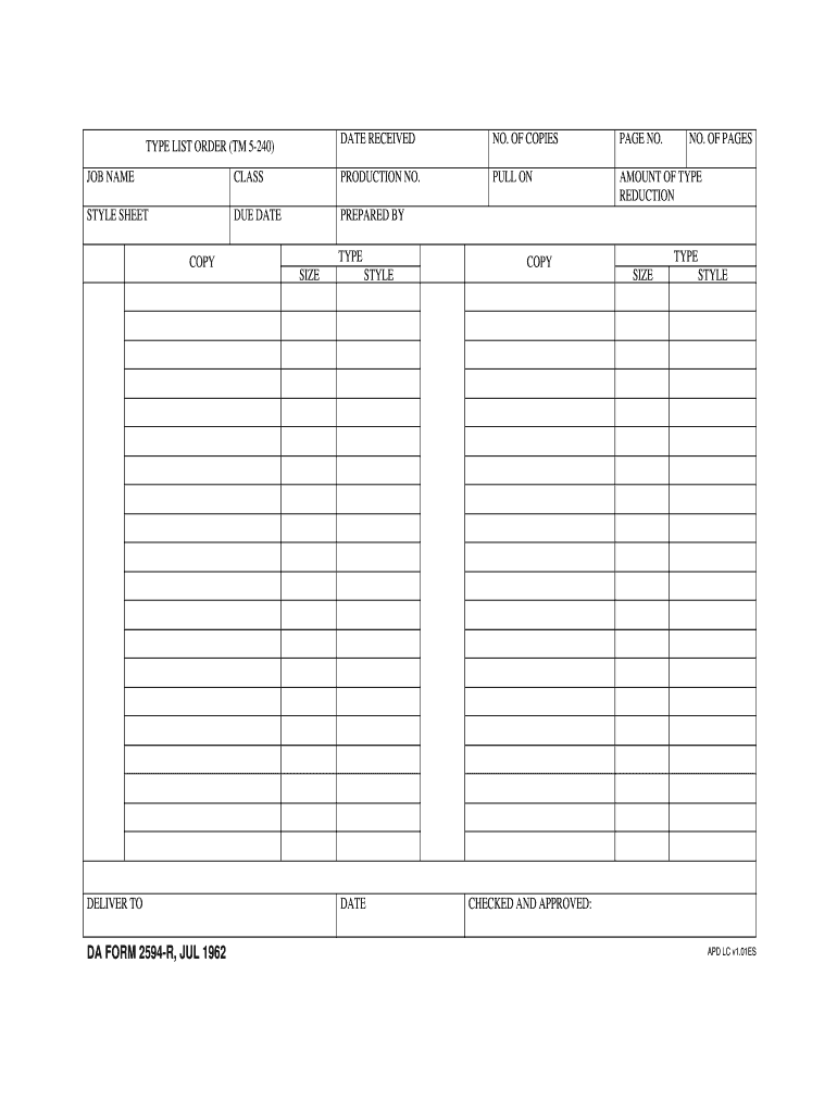 Fillable Online apd army TYPE LIST ORDER. DA FORM 2594-R, JUL 1962 Fax ...