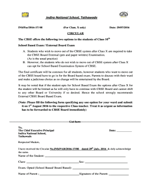 Fillable Online indiranationalschool ac CBSE Board Based Exam Form (Std ...