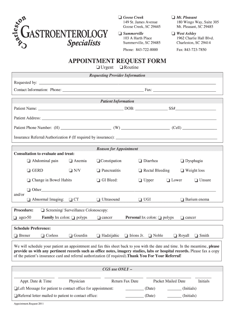 Fillable Online appointment request form - Charleston GI Fax Email ...