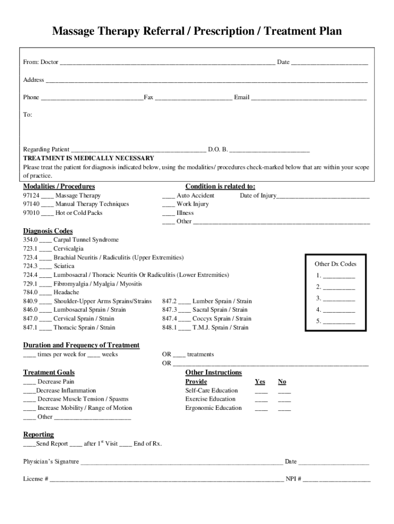 Massage Therapy Referral Prescription Treatment Plan Fill And 