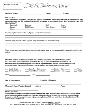 Fillable Online calvertonschool Student Name: DOB: Grade: - Calverton School - calvertonschool ...