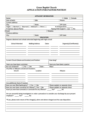 Fillable Online Grace Baptist Church APPLICATION FOR PASTOR ...
