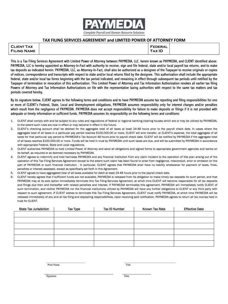 Fillable Online TAX FILING SERVICES AGREEMENT and LIMITED POWER OF ...