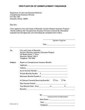 Fillable Online honolulu Verification of Unemployment Insurance.doc ...