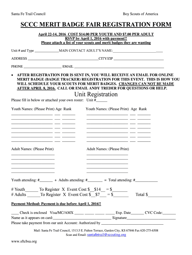 Fillable Online sftcbsa SCCC MERIT BADGE FAIR REGISTRATION FORM Unit ...