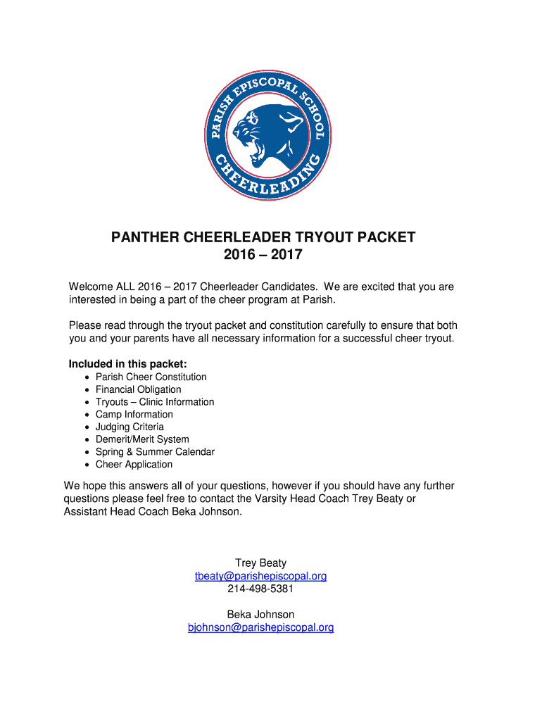 Fillable Online parishepiscopal PANTHER CHEERLEADER TRYOUT PACKET Fax ...