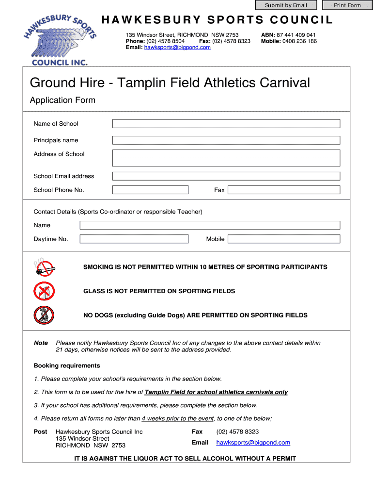 Fillable Online hawkesbury nsw gov Ground Hire - Tamplin Field Athletics Carnival Fax Email ...