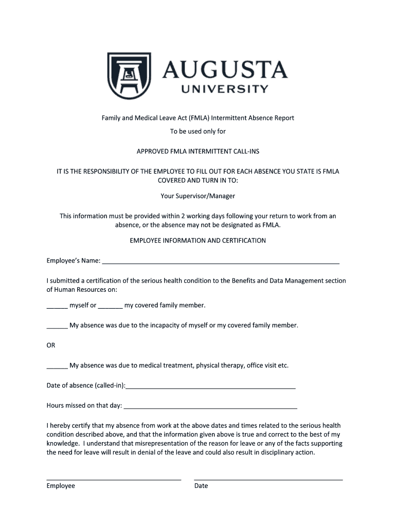 Fillable Online fmla intermittent absence report au logo Fax Email ...