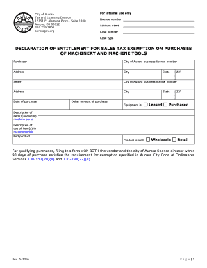 Fillable Online auroragov DECLARATION OF ENTITLEMENT FOR SALES TAX ...