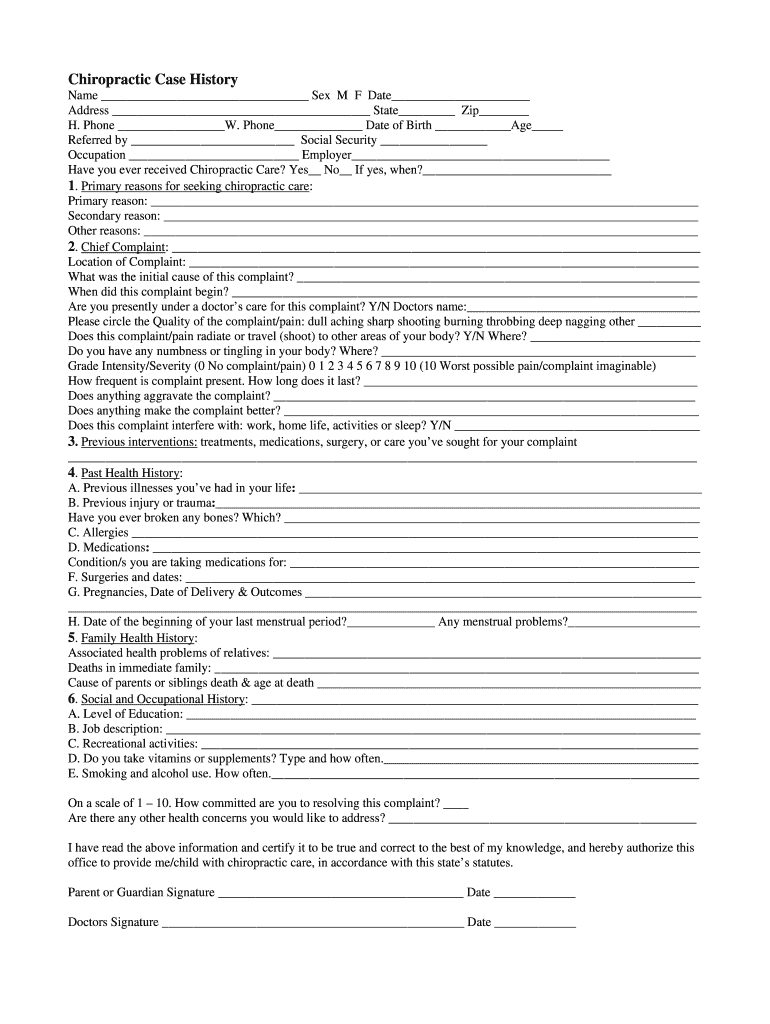 Fillable Online Chiropractic Case History - DCFirst Chiropractic ...