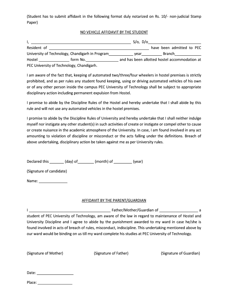 Fillable Online pec ac (Student has to submit affidavit in the ...