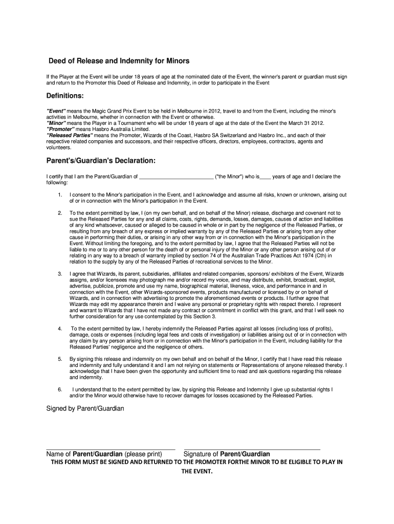 Fillable Online Deed of Release and Indemnity for Minors Fax Email ...