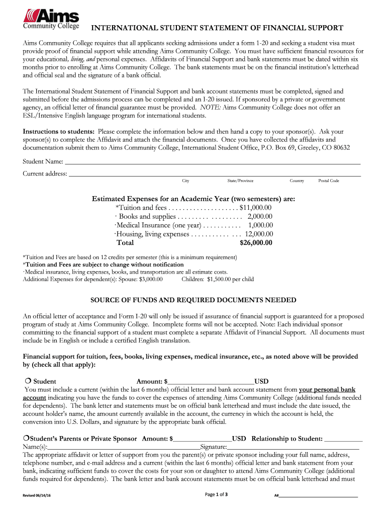 Fillable Online aims International Student Statement of Financial ...