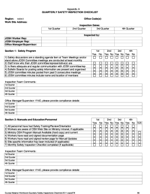 Fillable Online Appendix A QUARTERLY SAFETY INSPECTION CHECKLIST Region ...