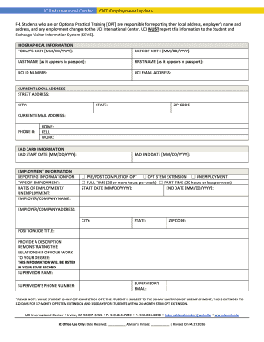 Fillable Online ic uci UCI International Center OPT Employment Update ...