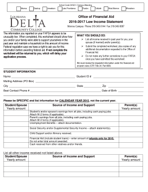 Fillable Online ladelta Office of Financial Aid 2016-2017 Low Income ...