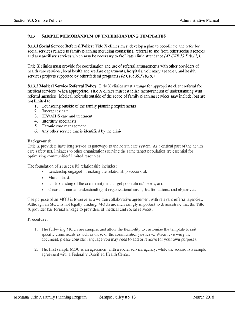 Fillable Online dphhs mt 9.13 Sample Memorandum of Understanding ...