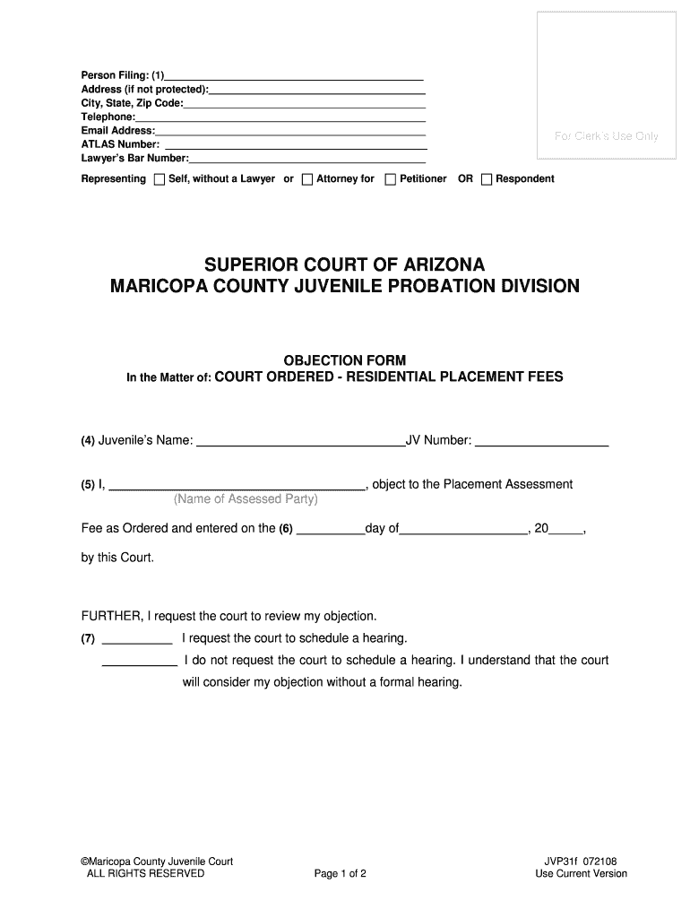 Fillable Online superiorcourt maricopa Juvenile - Objection form ...
