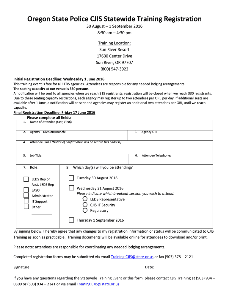 Fillable Online oregon Oregon State Police CJIS Statewide Training ...