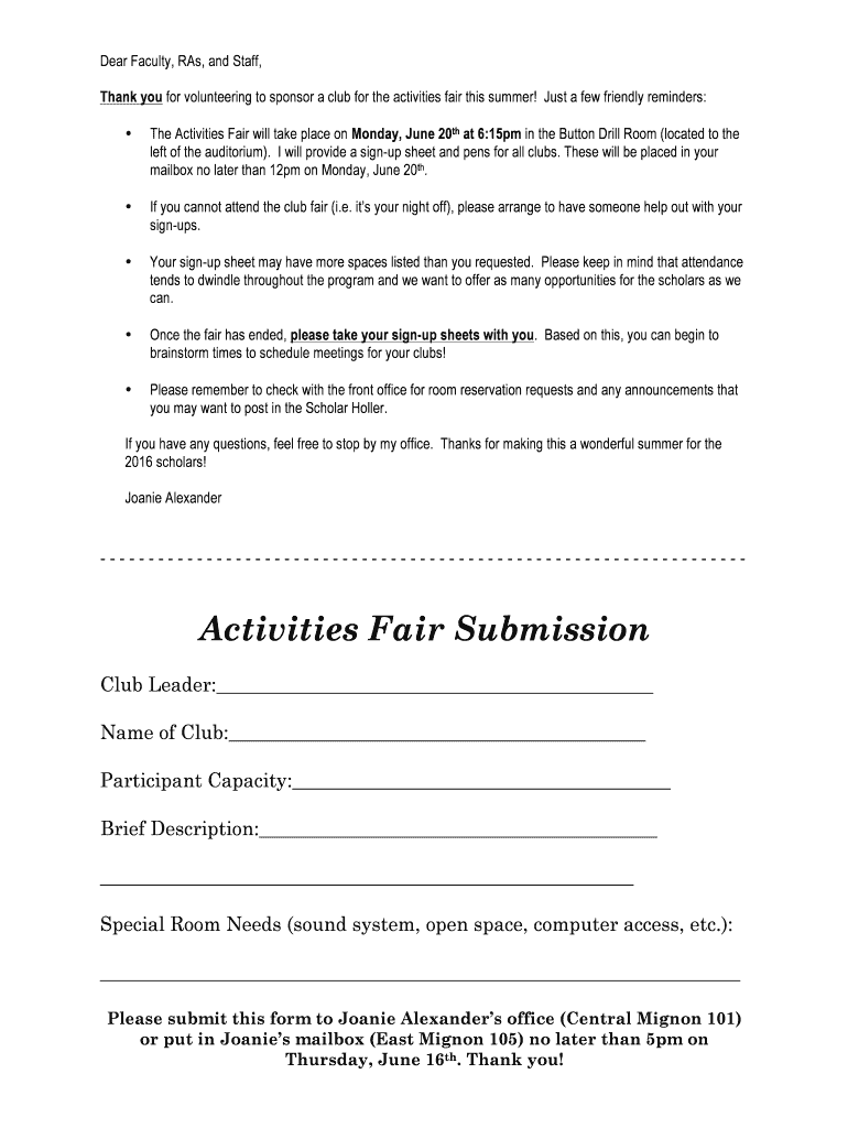 Fillable Online auth moreheadstate Activities Fair Submission ...
