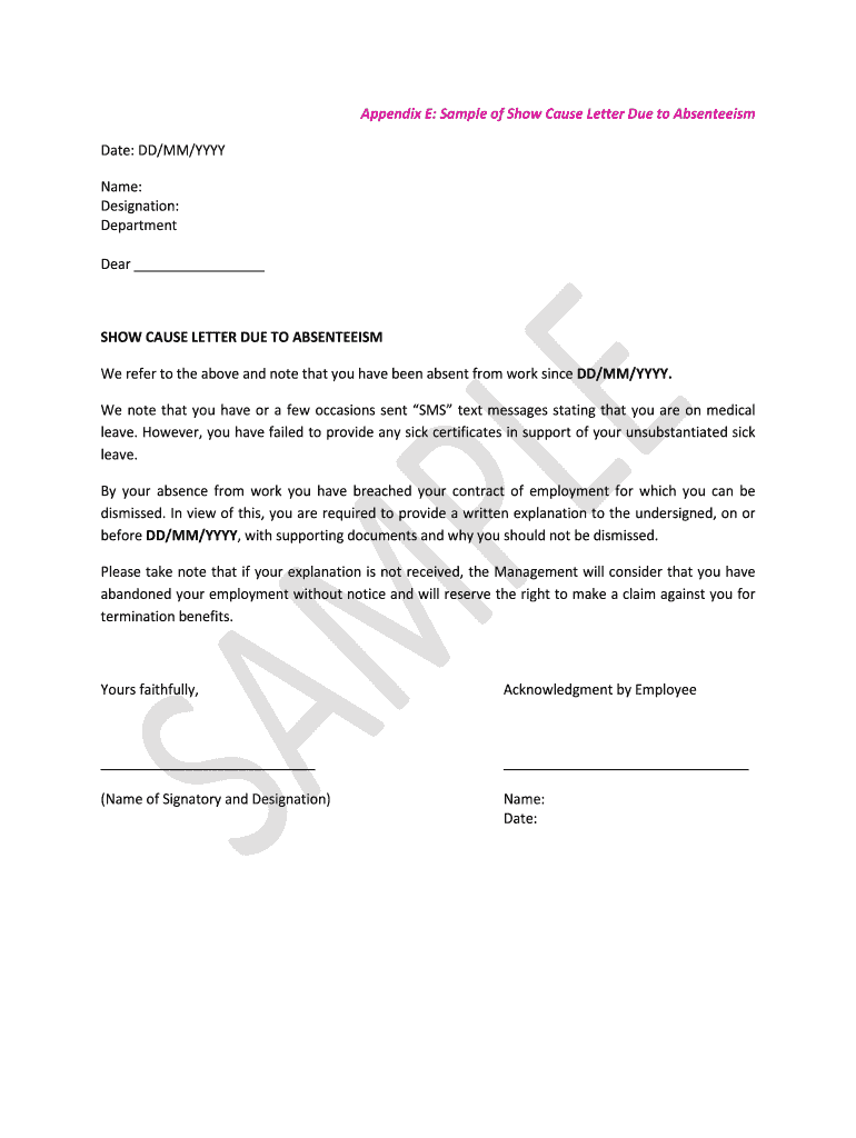 Fillable Online Appendix E: Sample of Show Cause Letter Due to ...