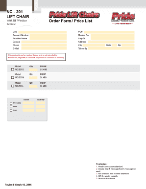 Fillable Online NC - 201 LIFT CHAIR Order Form / Price List ...