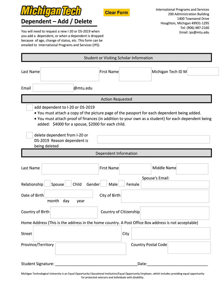 Fillable Online mtu Dependent Add / Delete - Michigan Technological University Fax Email Print ...