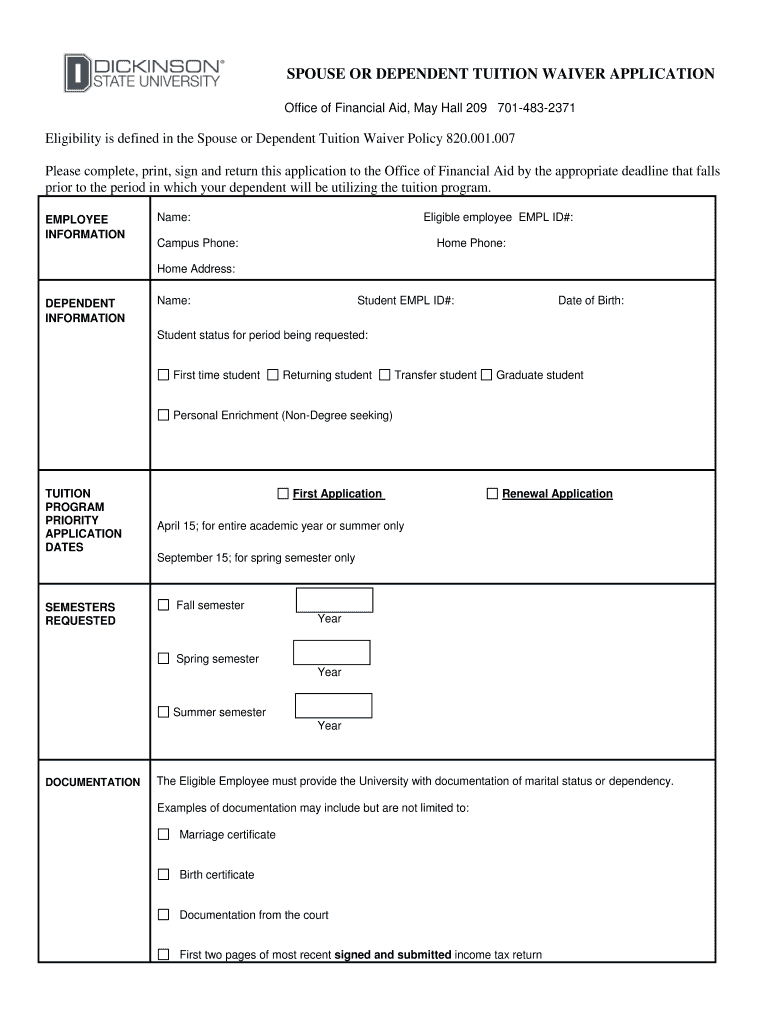 Fillable Online dickinsonstate Tuition Waiver Spouse - Dependent Form ...