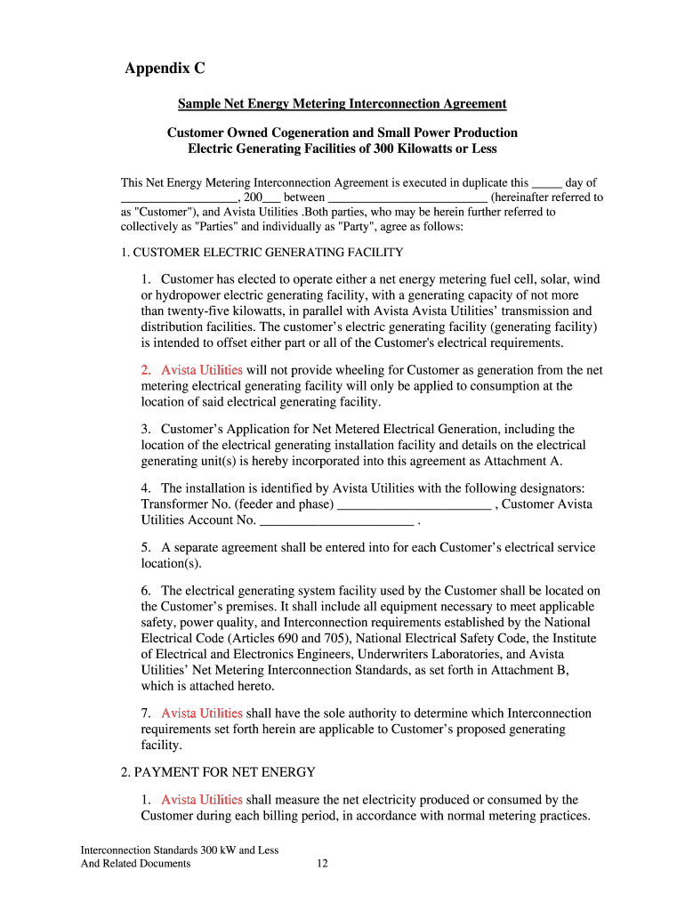 Fillable Online Sample Net Energy Metering Interconnection Agreement ...