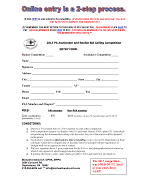 Fillable Online 2013 PA Auctioneer and Rookie Bid Calling Competition ...