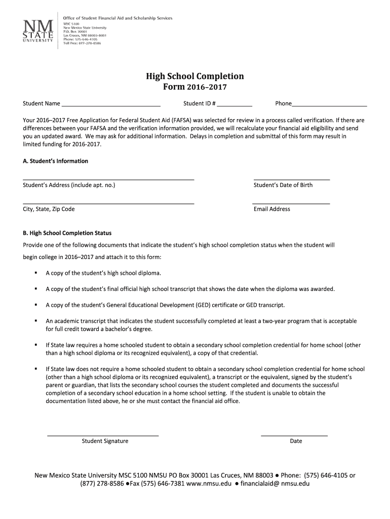 Fillable Online High School Completion Form 2016 2017 Fax Email Print ...