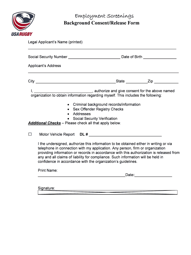 Fillable Online USA Rugby Employment Consent Form.doc Fax Email Print - pdfFiller