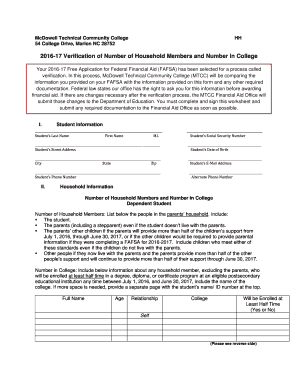 Fillable Online mcdowelltech 2016-17 Verification of Number of ...