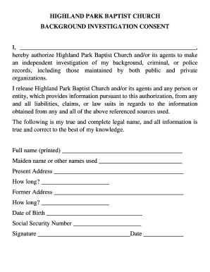 Fillable Online Background check consent forms - Highland Park Baptist ...