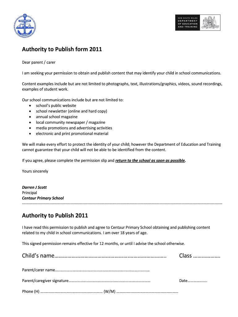 Fillable Online centaur-p schools nsw edu Authority to publish form ...