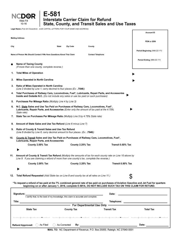 Fillable Online dor state nc Interstate Carrier Claim for Refund Fax Email Print - pdfFiller