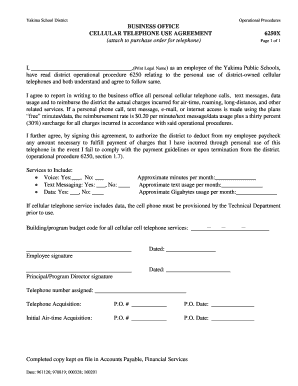 Fillable Online yakimaschools BUSINESS OFFICE CELLULAR TELEPHONE USE ...