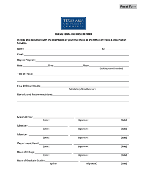 Fillable Online tamuc THESIS FINAL DEFENSE REPORT Reset Form Fax Email Print - pdfFiller