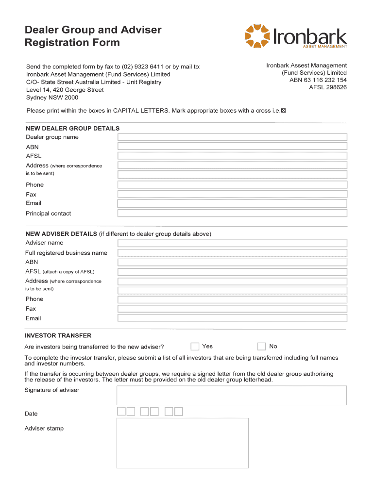 Fillable Online Dealer Group and Adviser Registration Form - Ironbark ...